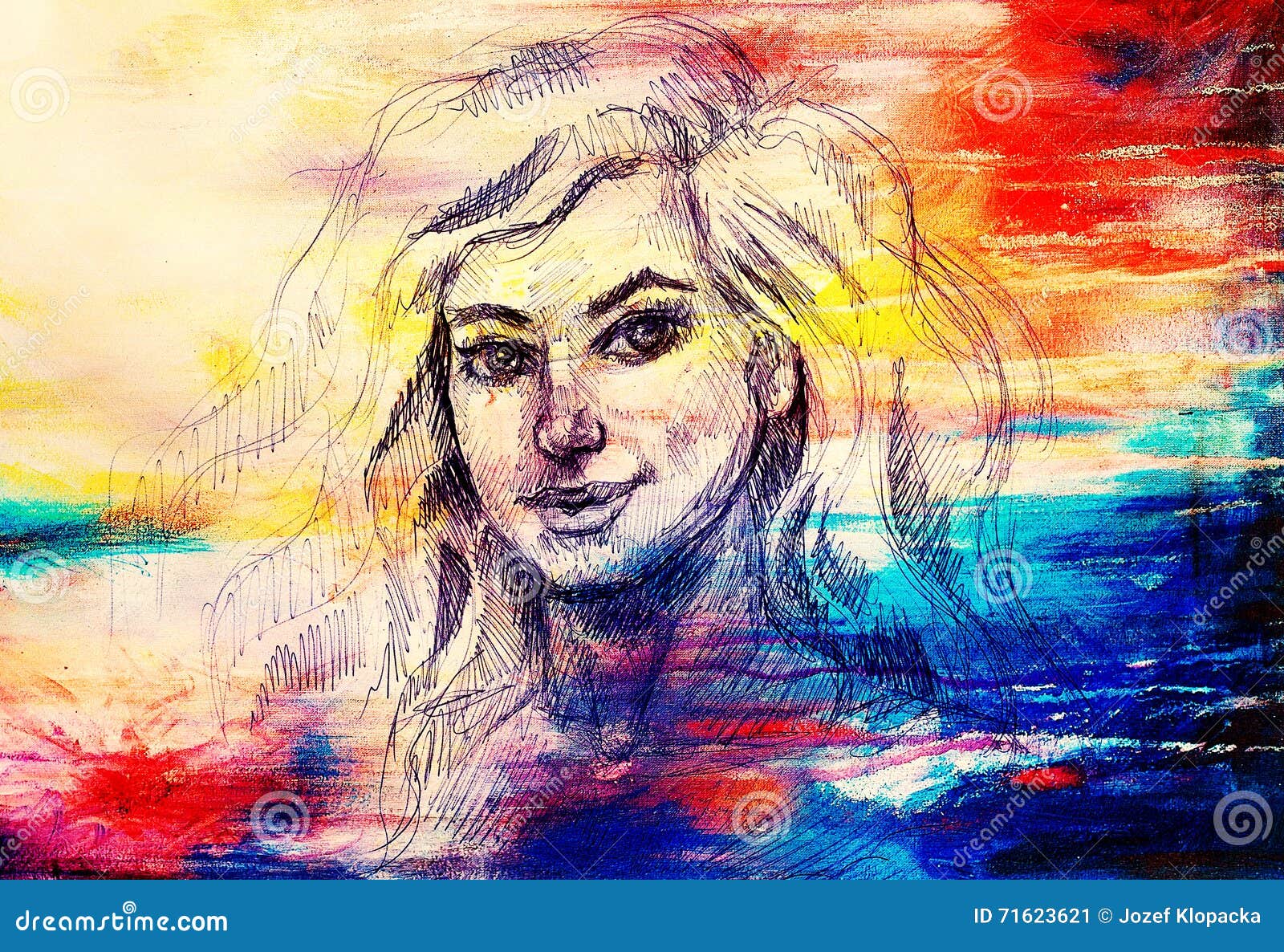 Woman Pen Drawing, Eye Contact. Color Effect and Computer Collage ...