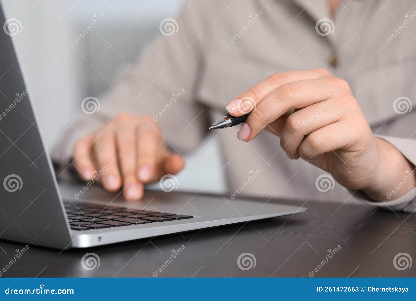 Woman with Pen Working on Laptop, Closeup. Electronic Document ...