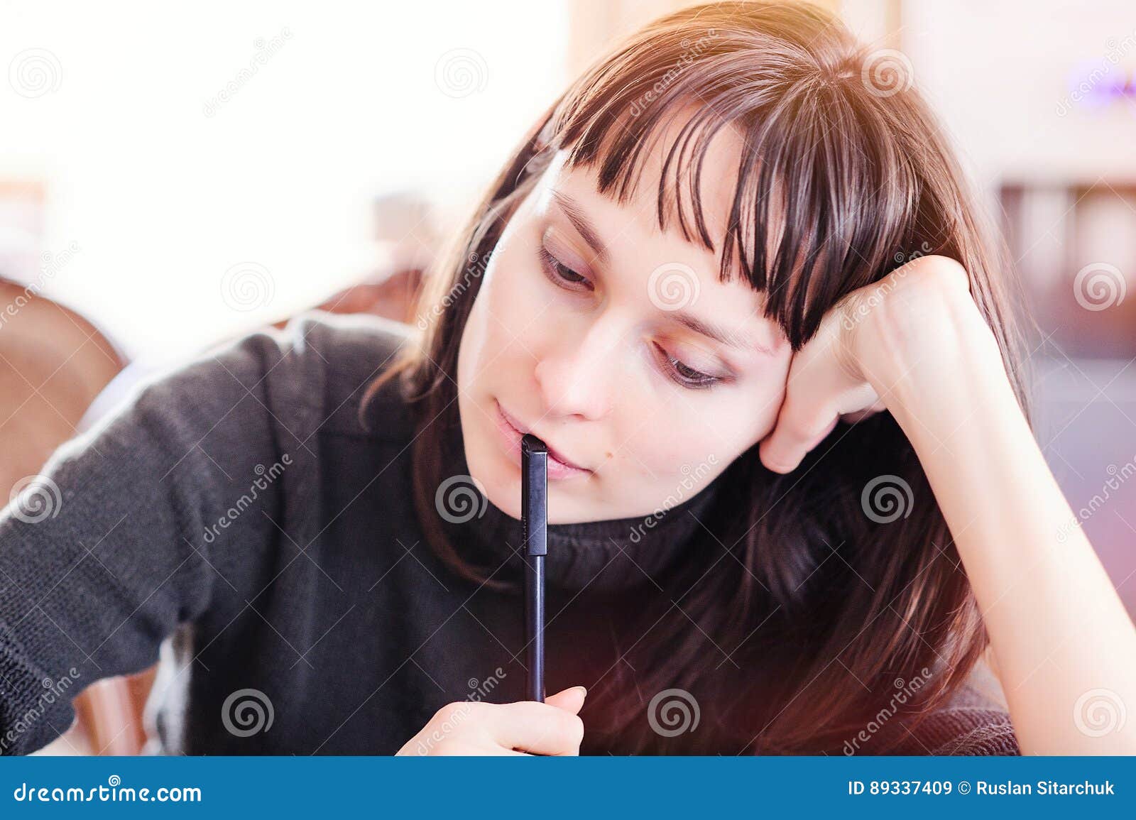 Woman with a Pencil Thinking Stock Image - Image of back, closeup: 89337409