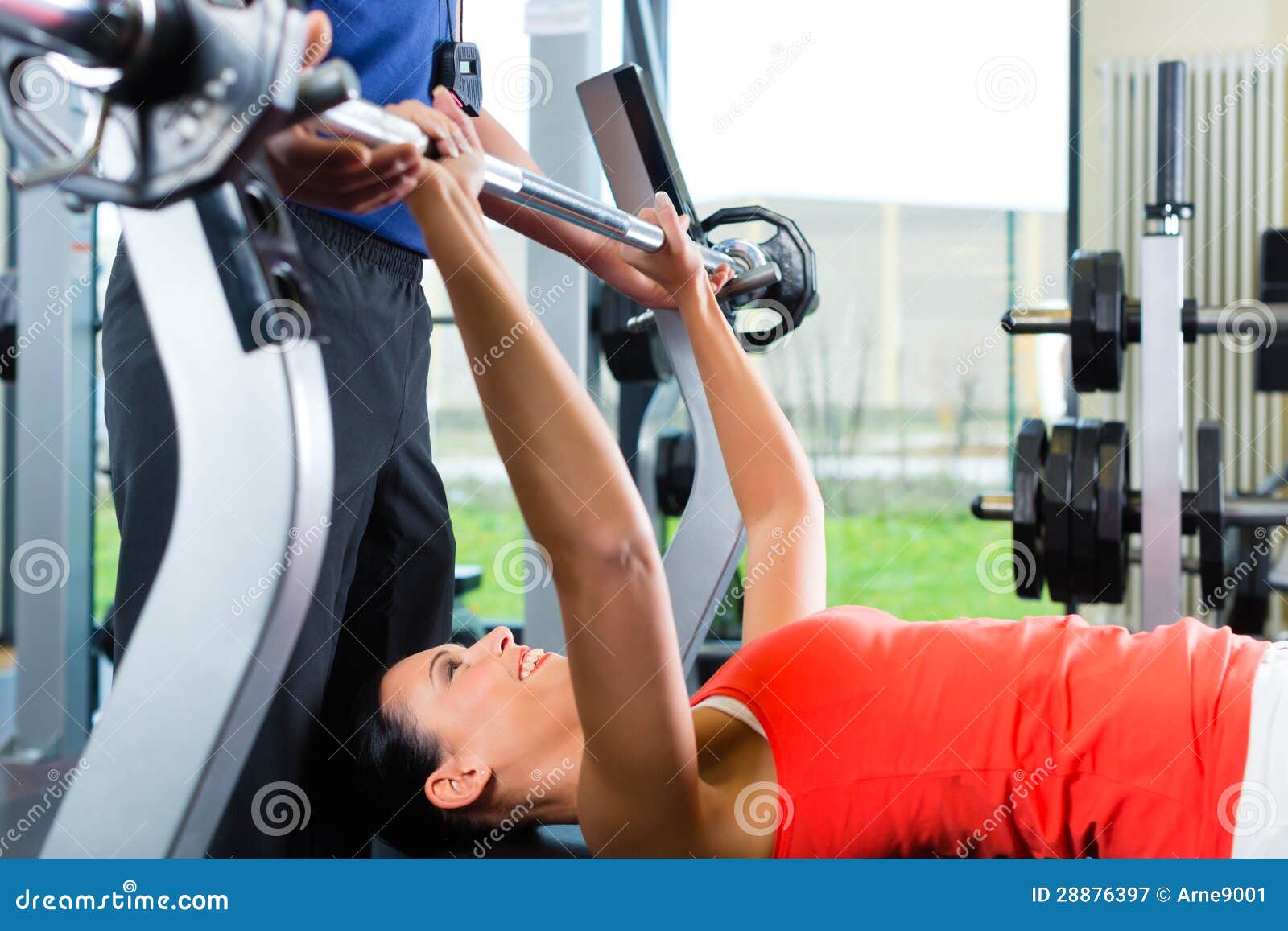 Woman and Personal Trainer in Gym Stock Image - Image of lifting ...