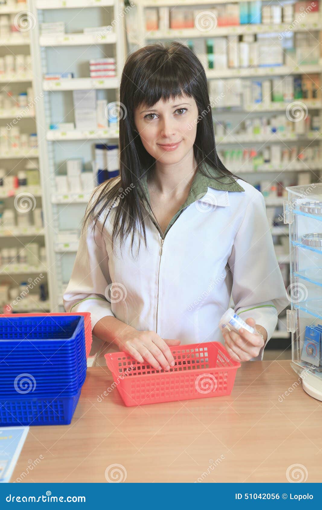 Woman Pharmacist at the Pharmacy Place Stock Photo - Image of coat ...