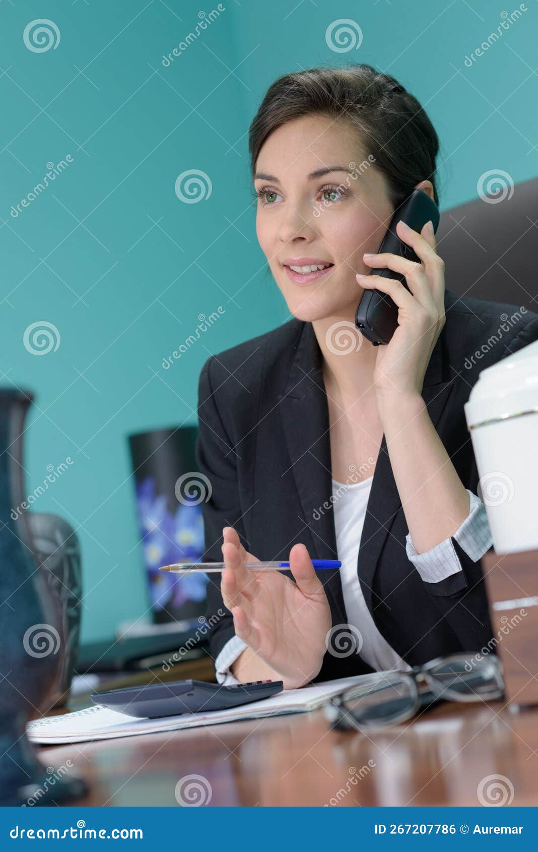Woman with phone in office stock photo. Image of pastoral - 267207786