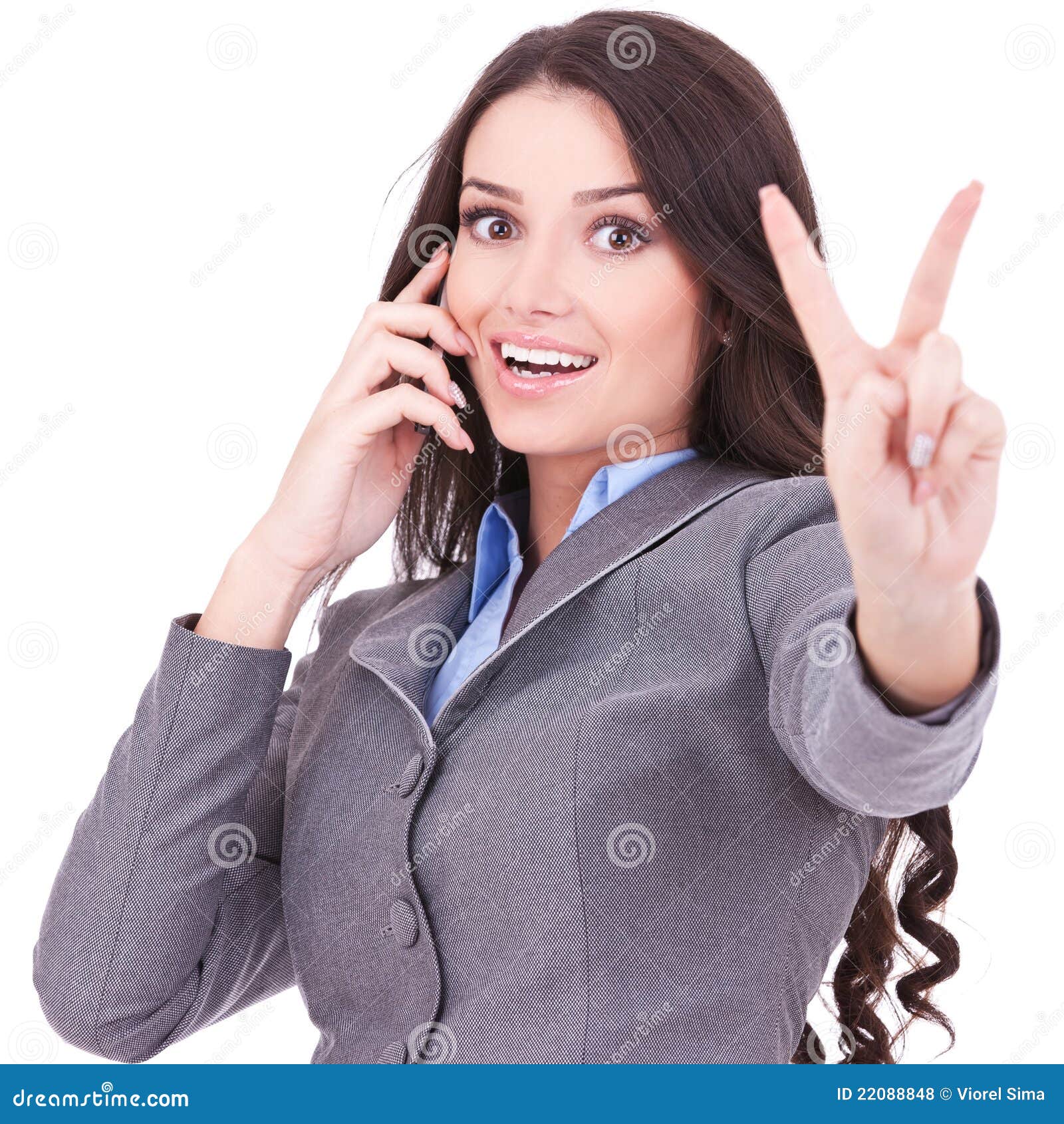 Woman with Phone and Victory Gesture Stock Photo - Image of person ...