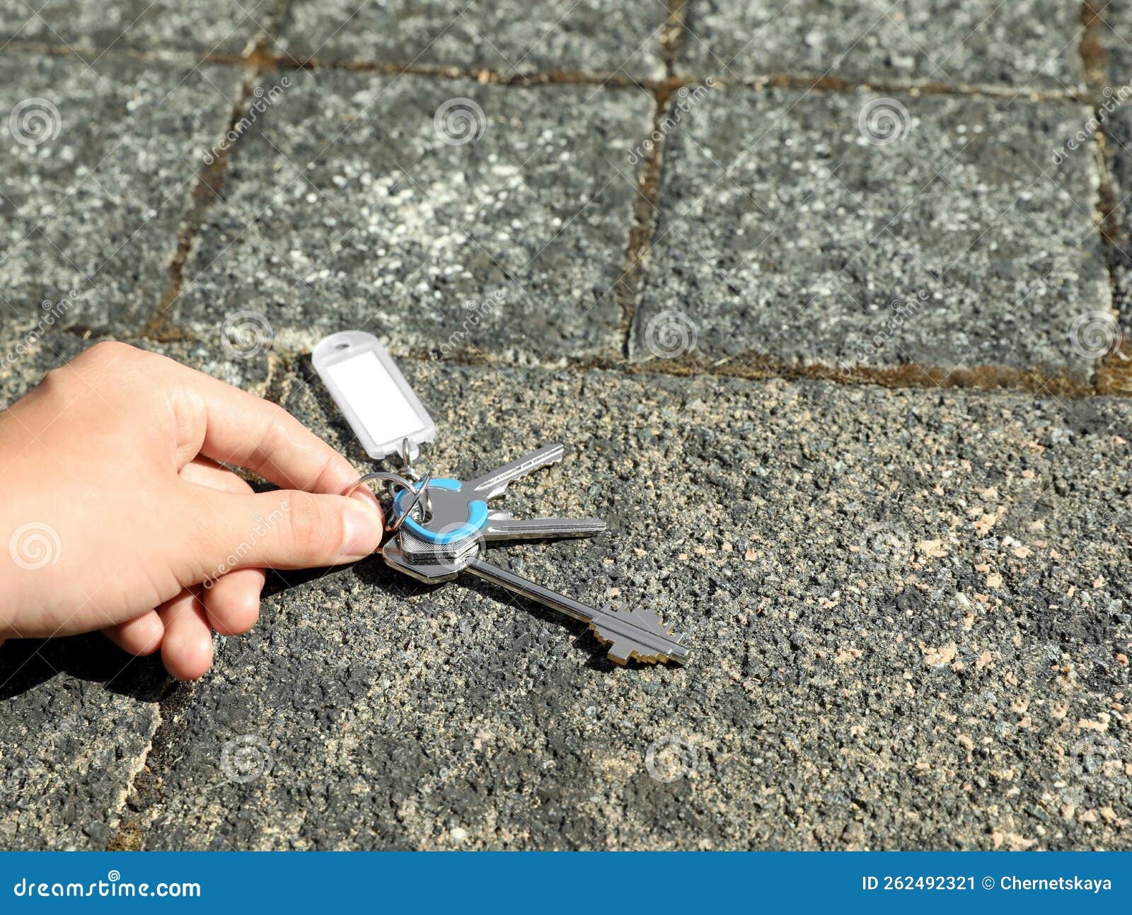 Woman Picking Bunch of Keys from Pavement Outdoors, Closeup. Space for ...