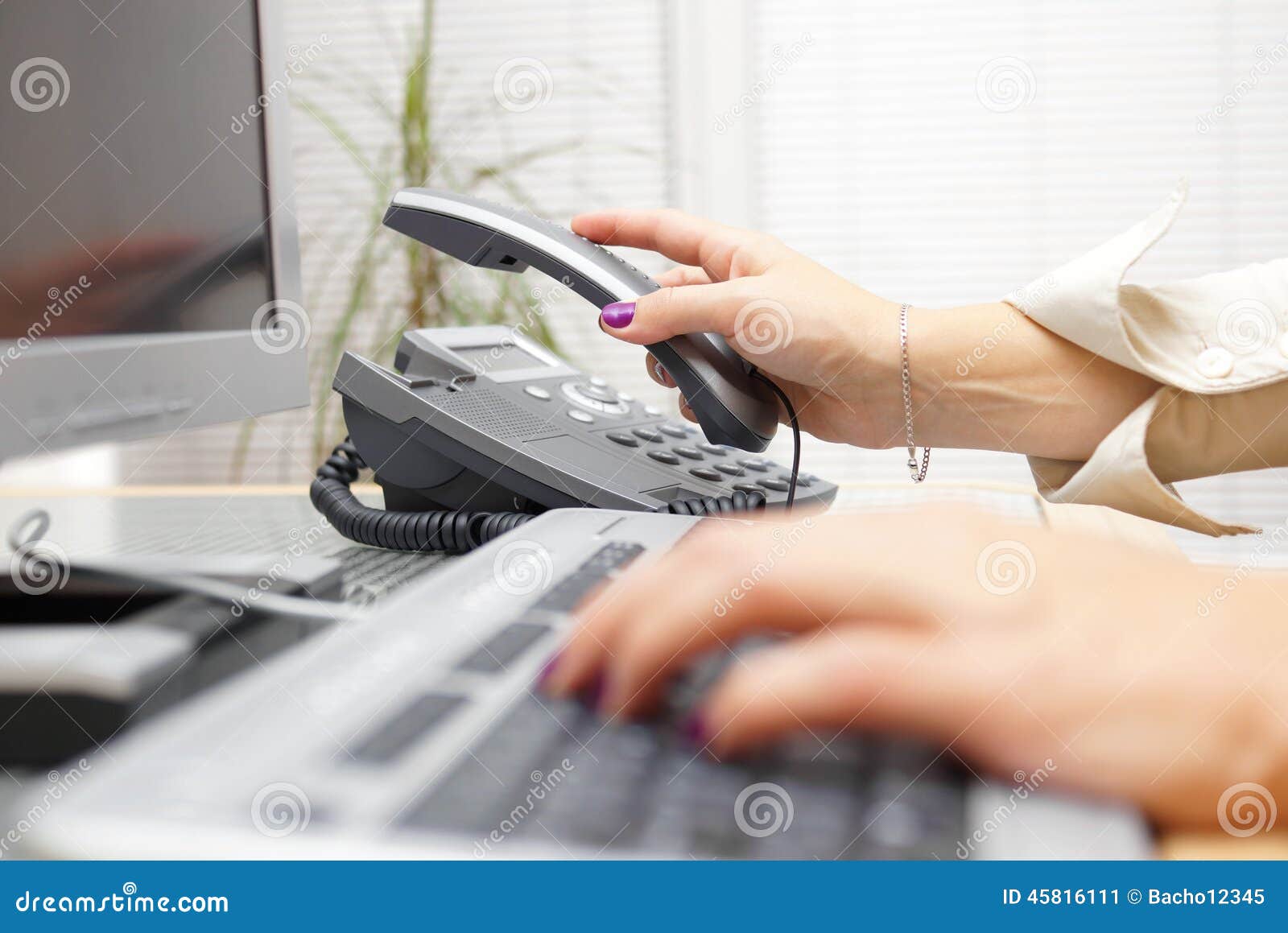 Woman is Picking Up the Headset from Phone, Assistance Concept Stock ...