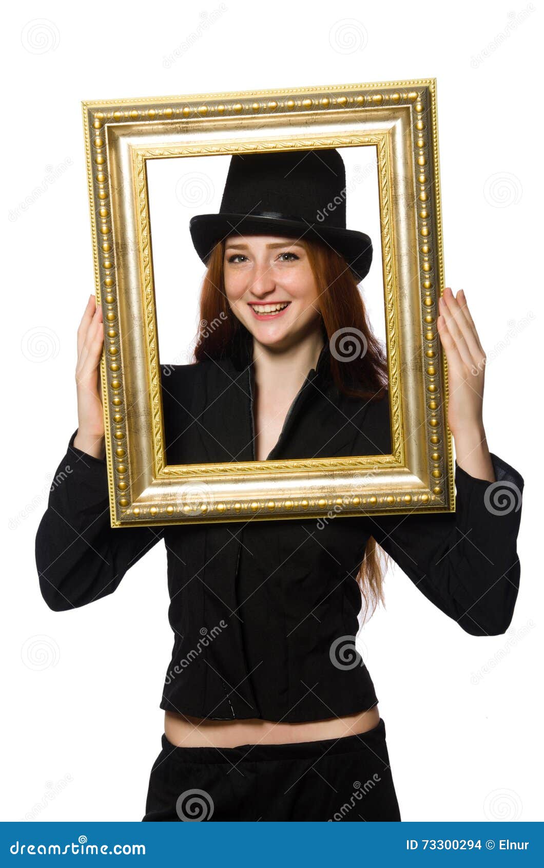 The Woman with Picture Frame Isolated on White Stock Photo - Image of ...