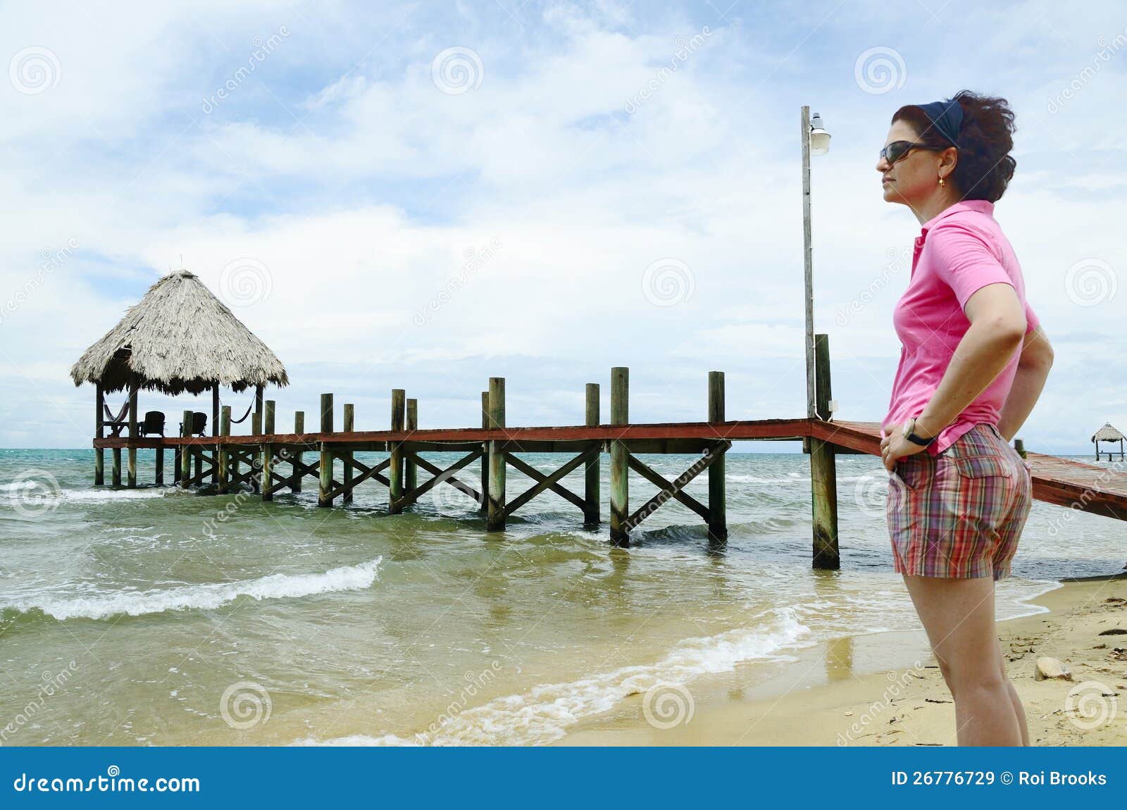 Woman by a pier stock image. Image of checks, jetty, thatched - 26776729
