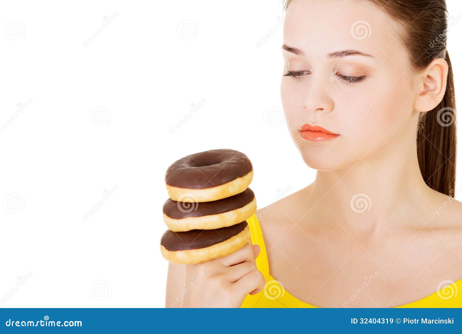 Woman with a Pile of Doughnuts. Stock Image - Image of expression, care ...