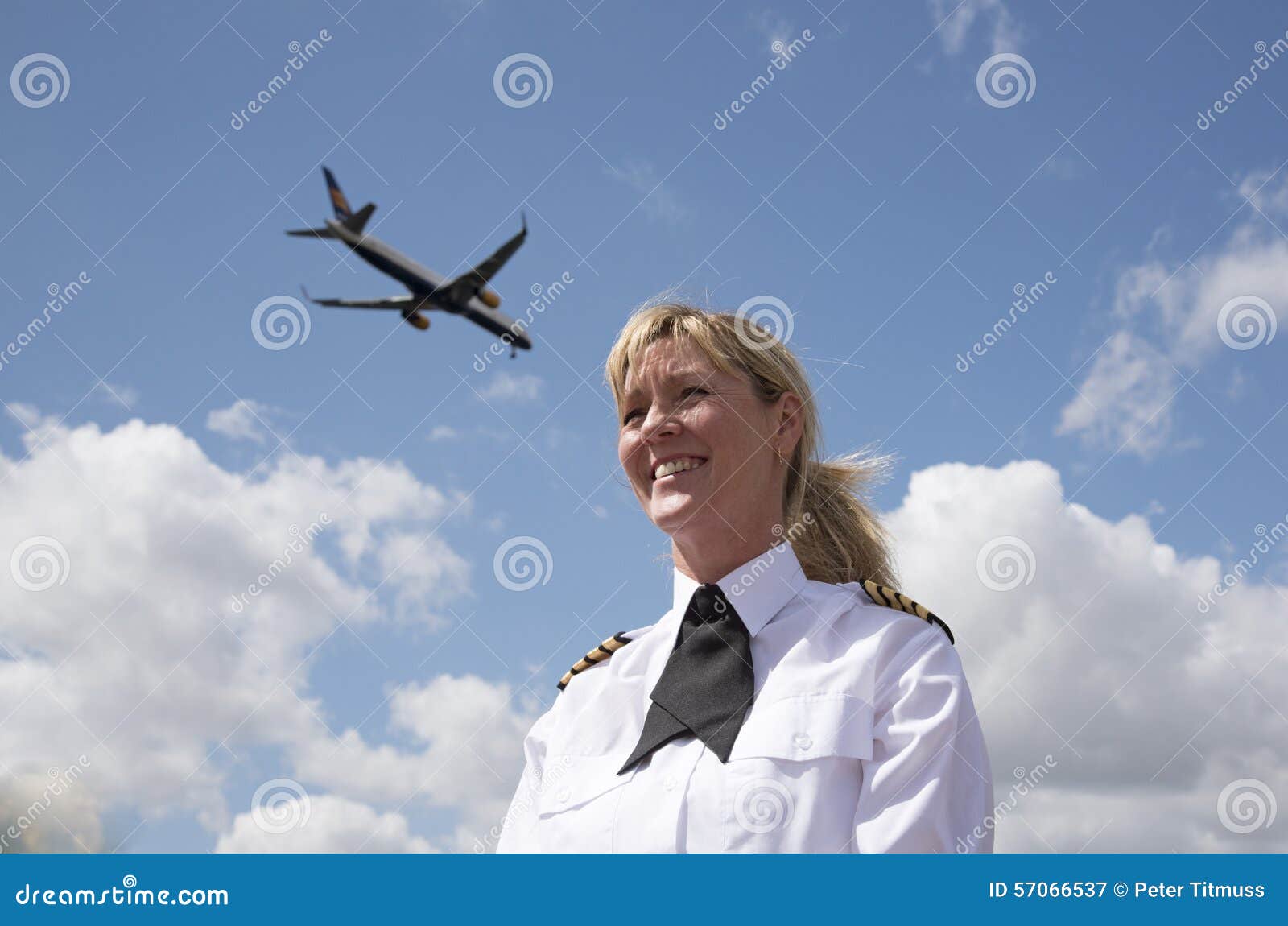 Woman Pilot with Passenger Jet in the Sky Stock Image - Image of flying ...