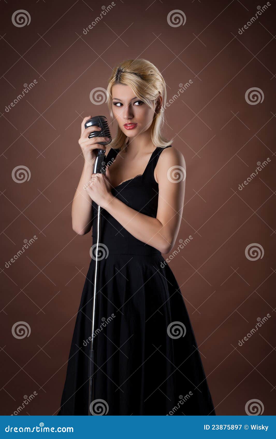 Woman Pin-up Portrait in Black with Microphone Stock Image - Image of ...