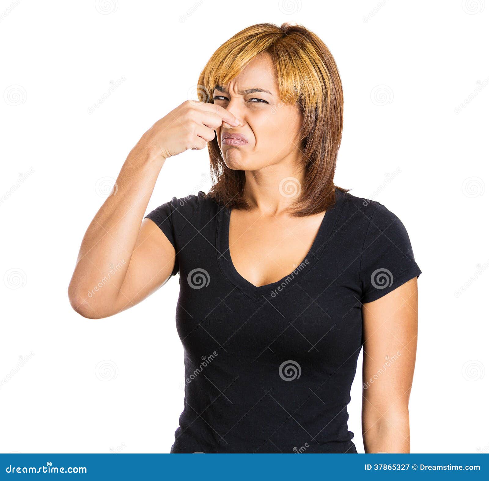Woman pinching nose stock image. Image of mess, latina - 37865327