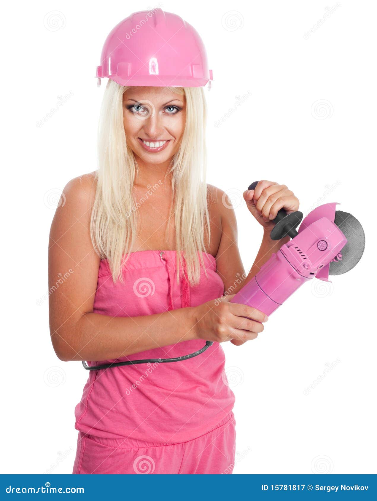 Woman with pink grinder stock image. Image of blond, positivity - 15781817