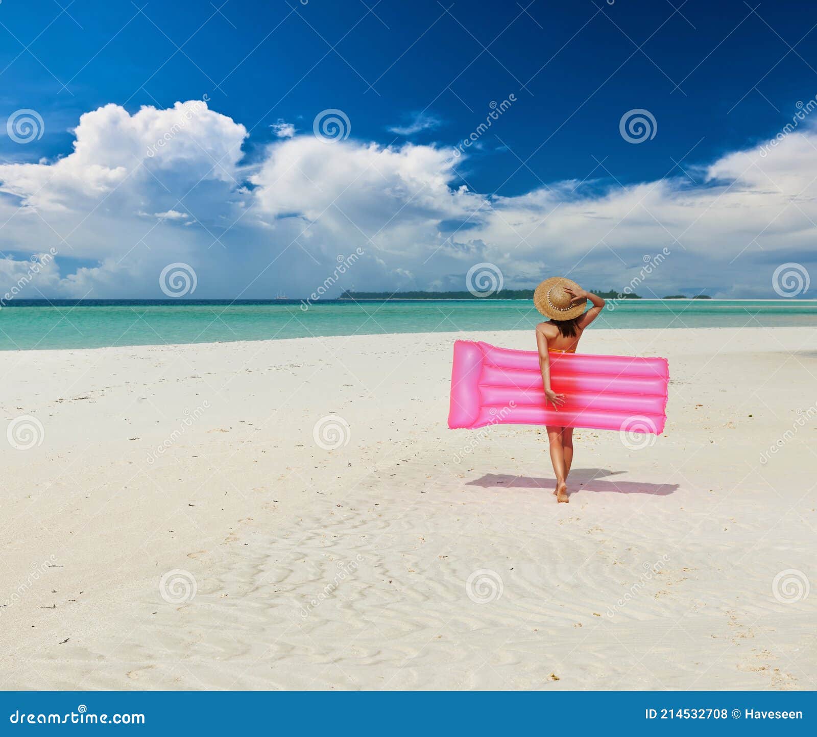 Woman with Pink Inflatable Raft at the Beach Stock Photo - Image of ...