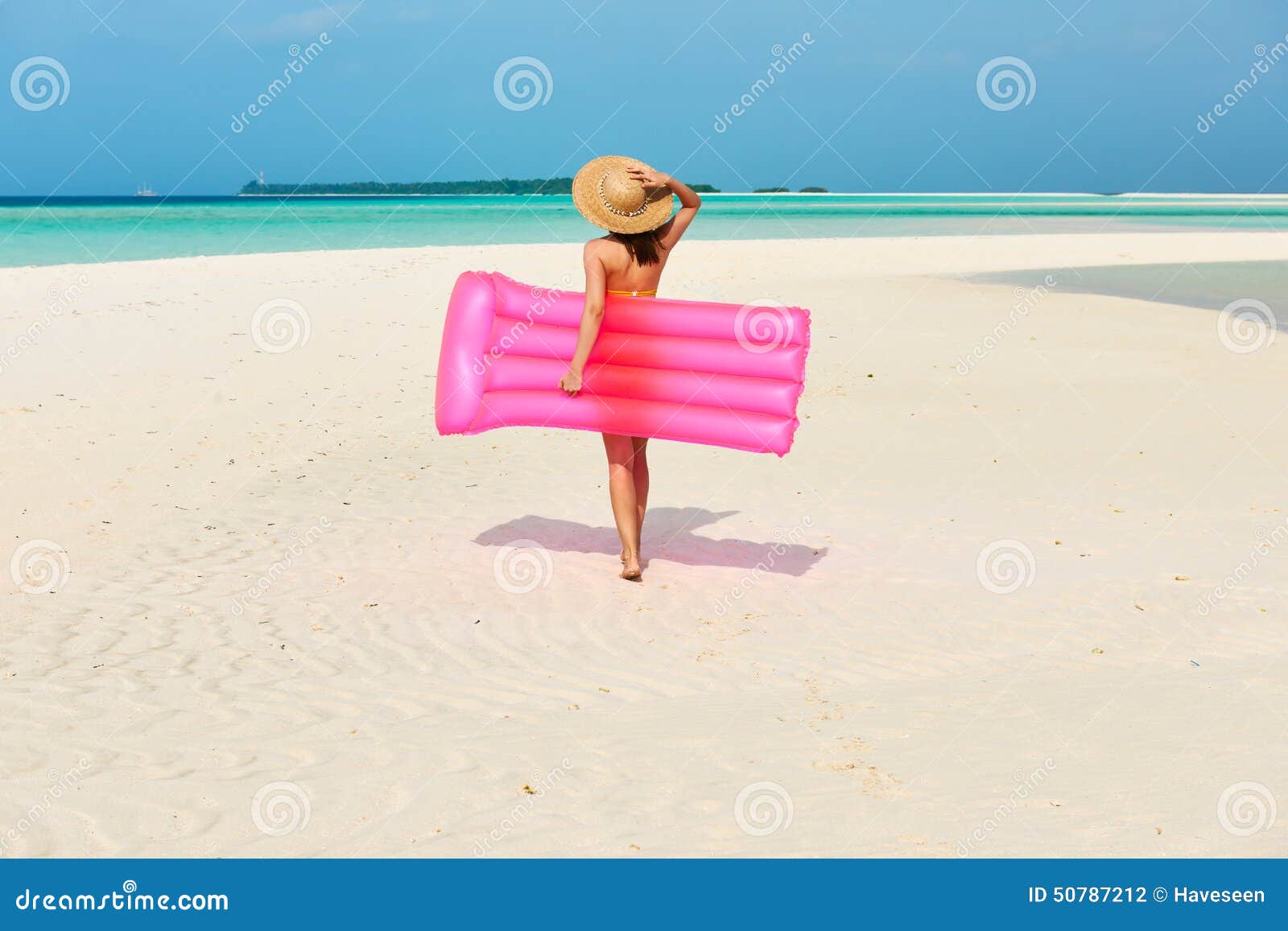 Woman with Pink Inflatable Raft at the Beach Stock Photo - Image of ...