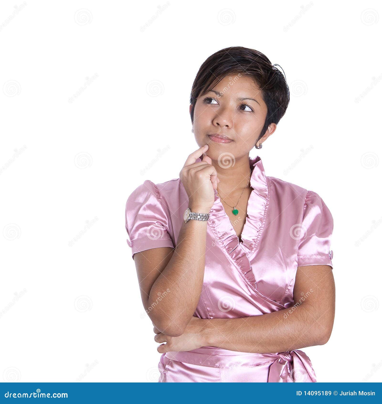 Woman in Pink in Thinking Pose Stock Image - Image of grey, idea: 14095189