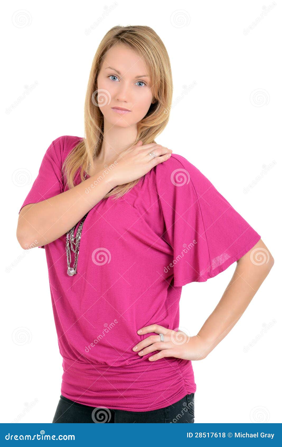 Woman with Pink Top Hand on Shoulder Stock Photo - Image of expression ...