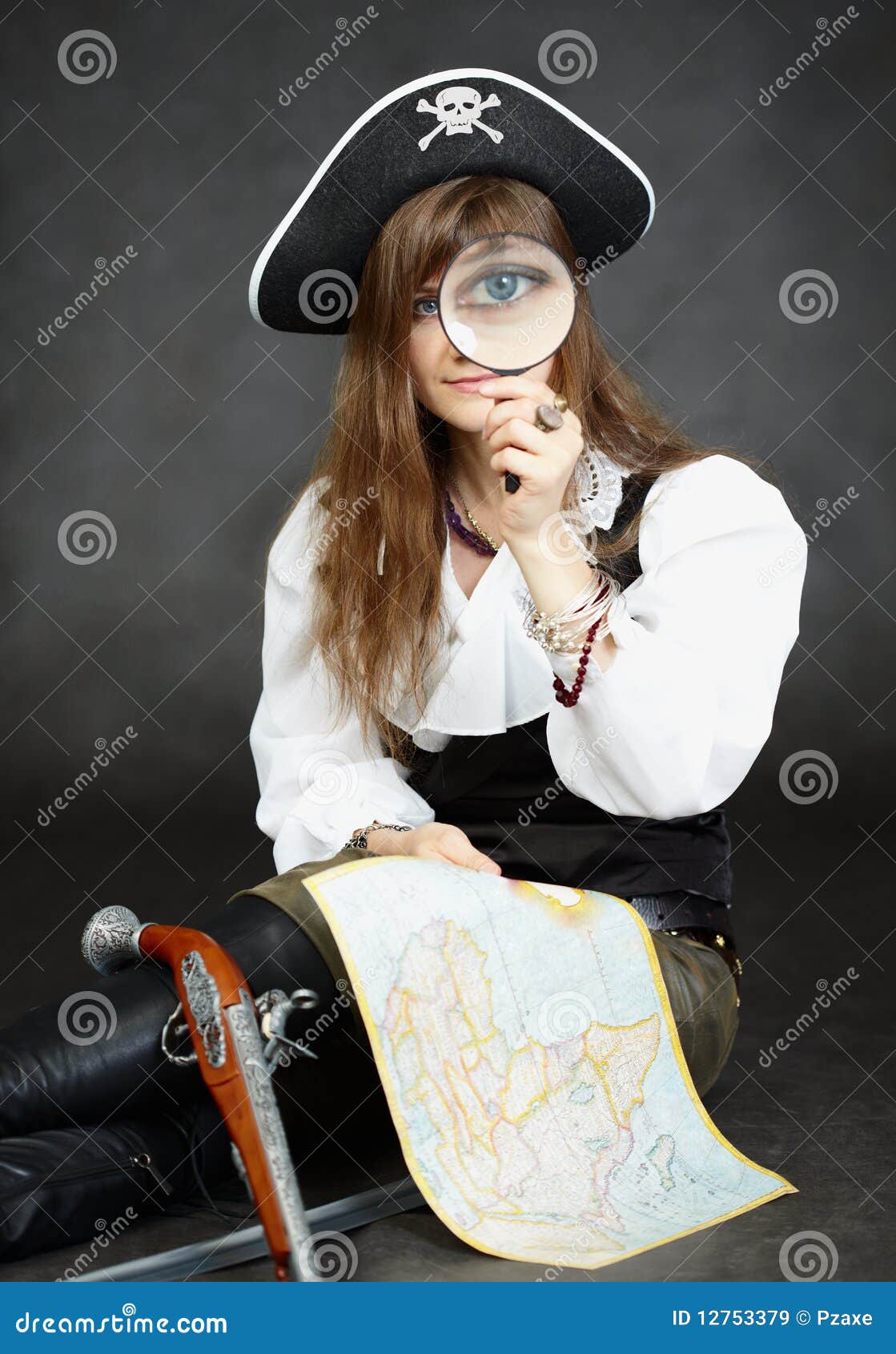 Woman Pirate, And Map With A Magnifying Glass Stock Image - Image of ...