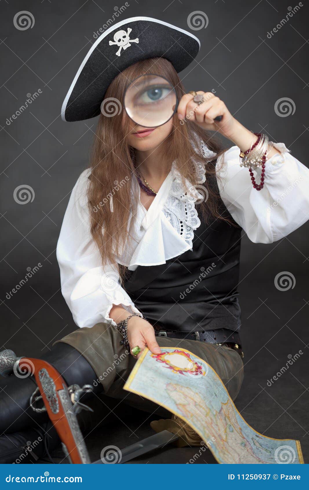 Woman-pirate with Sea Map and Magnifier Glass Stock Image - Image of ...