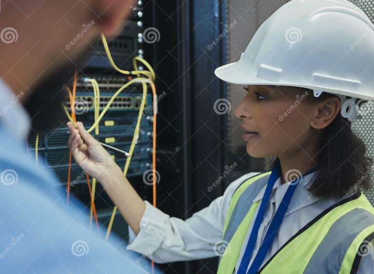 Woman, Planning and Server Room for Internet Infrastructure and Lights of Computer. Network ...