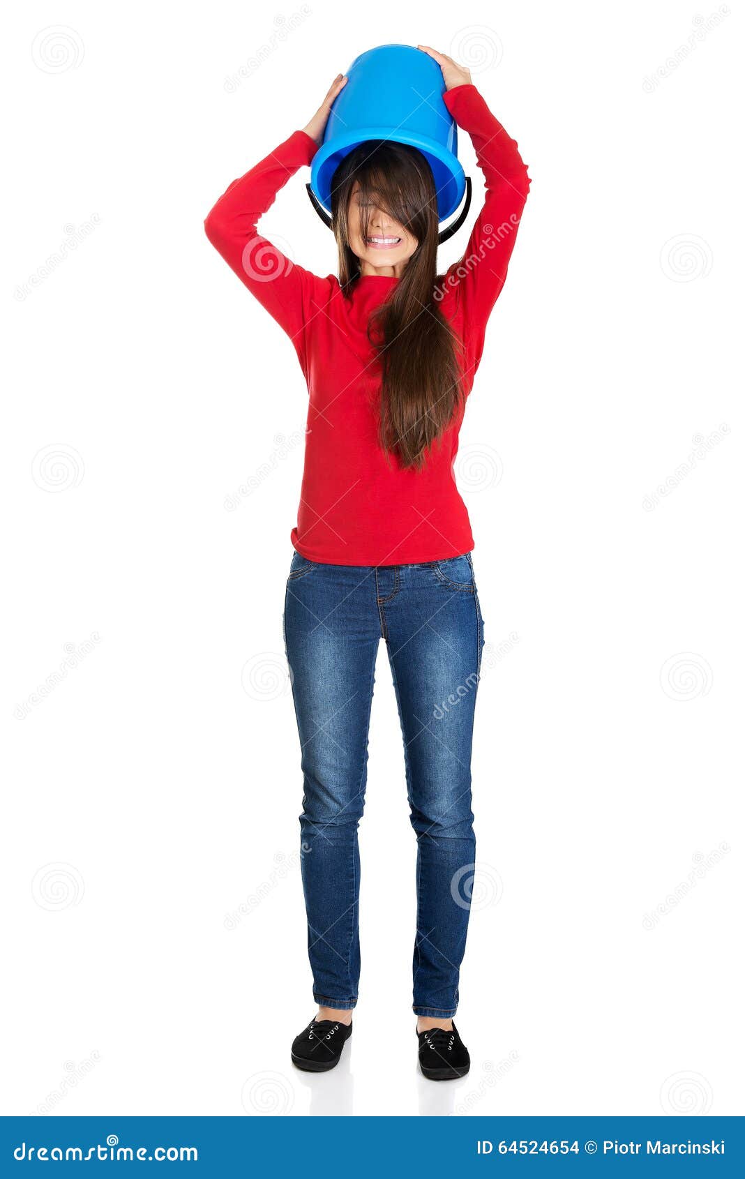 Woman with Plastic Bucket on Head. Stock Photo - Image of pail, blue ...