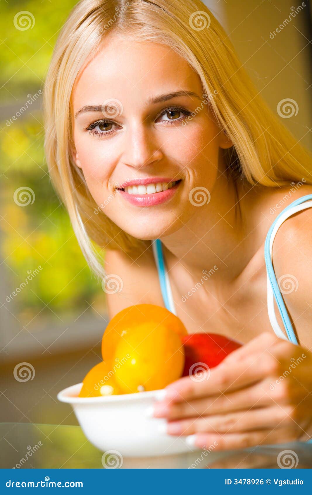Woman with plate of fruits stock photo. Image of vegetarian - 3478926