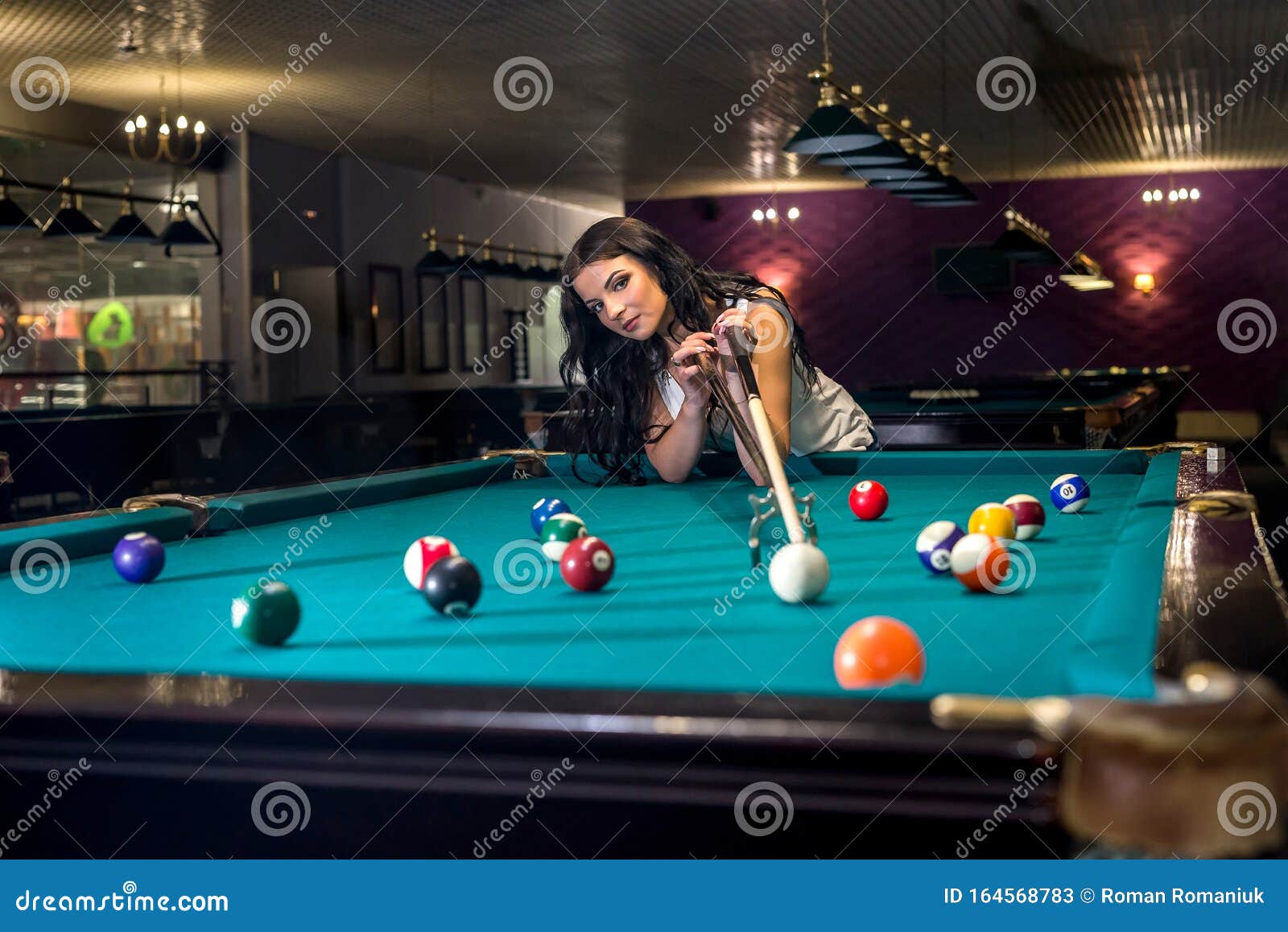 Woman Playing Billiard and Using Bridge Rack Stock Image - Image of ...