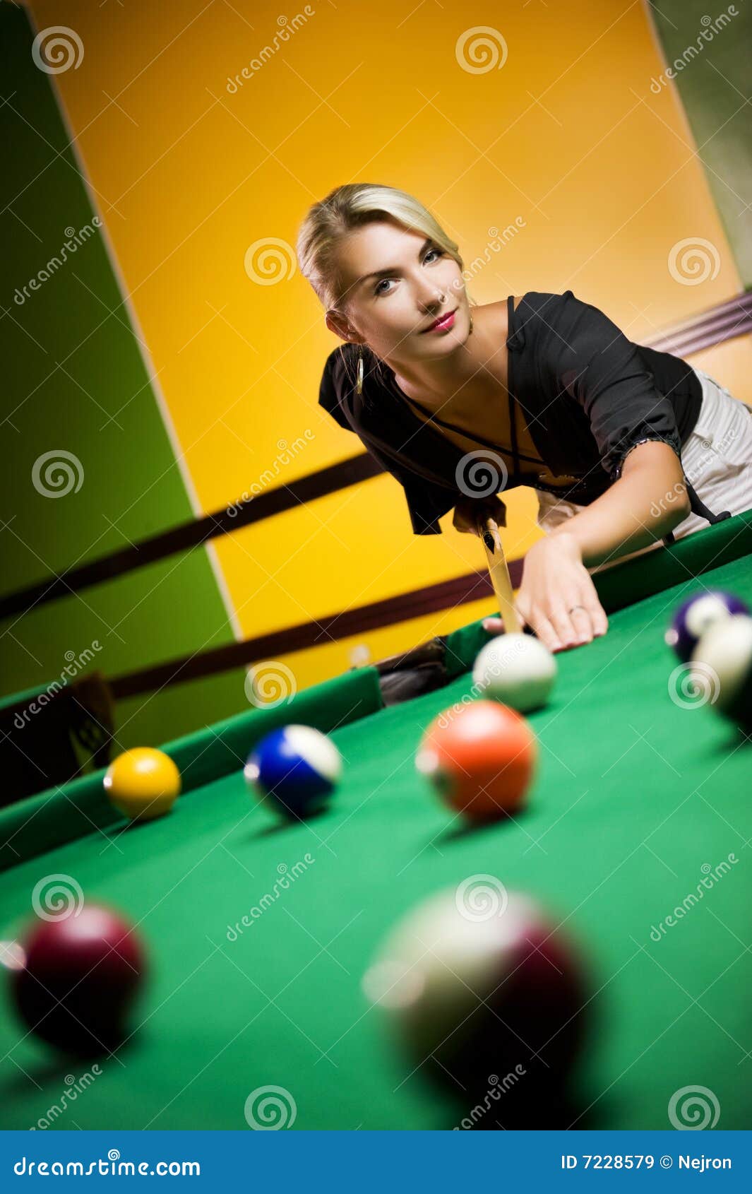 Woman playing billiards stock image. Image of night, entertainment ...