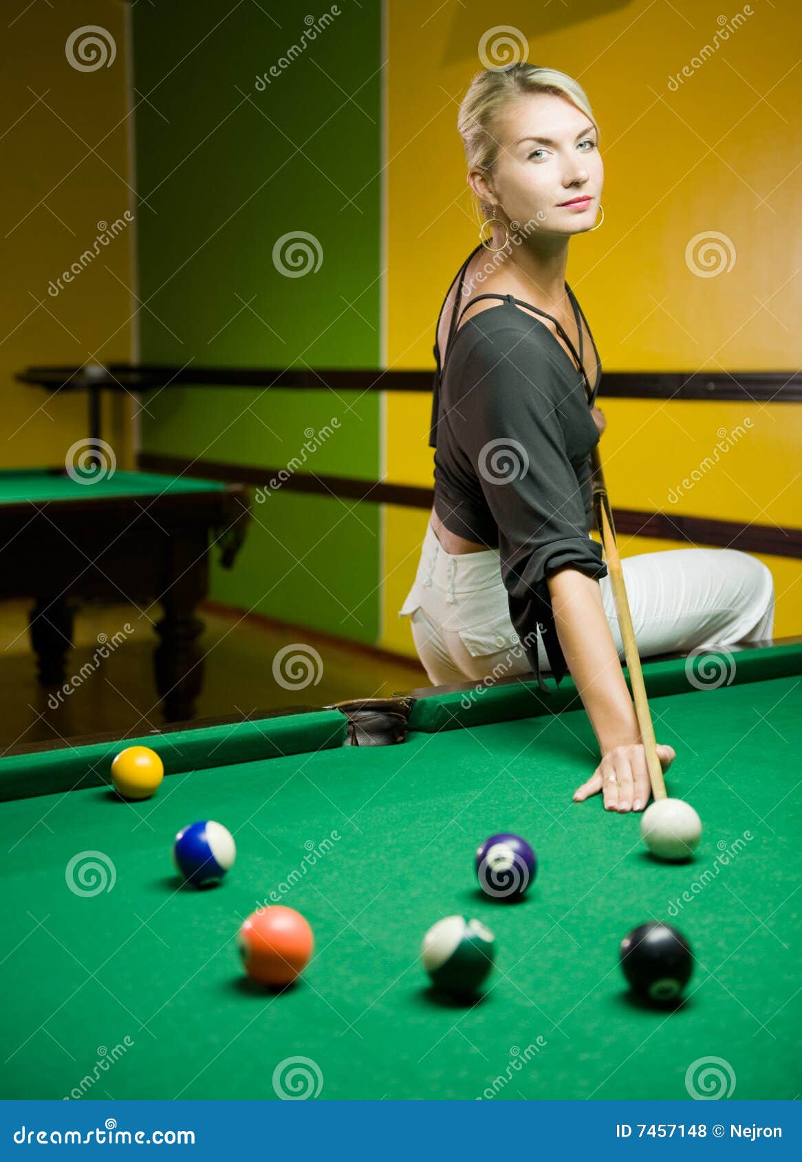 Woman playing billiards stock photo. Image of green, blond - 7457148