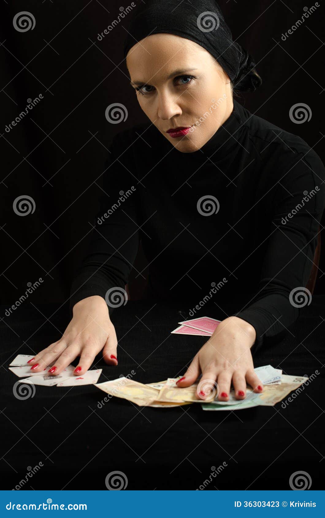 Woman with Playing Cards and Money Stock Image - Image of adult, hand ...