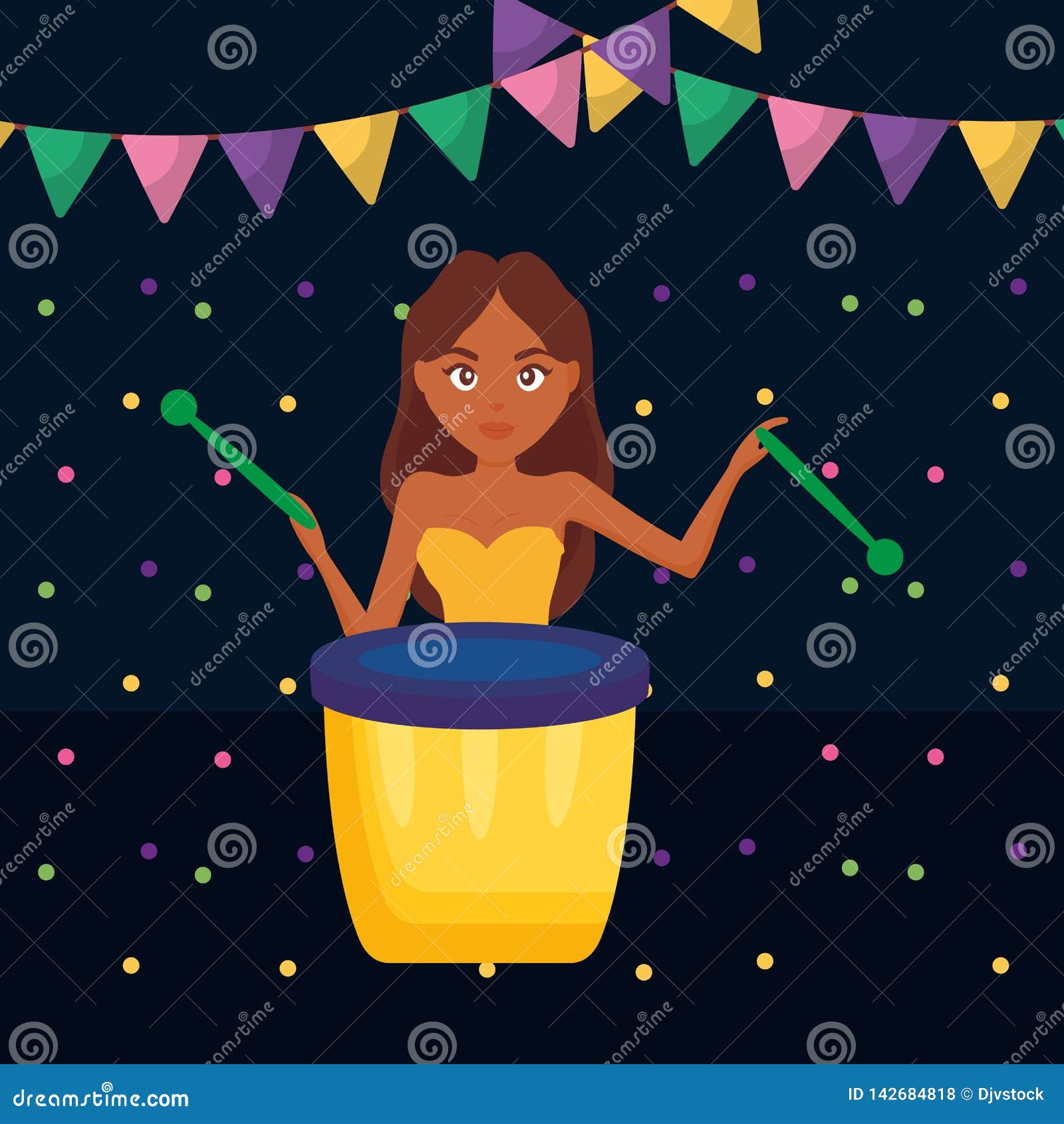 Woman Playing Carnival Bongo Instrument Stock Vector - Illustration of ...