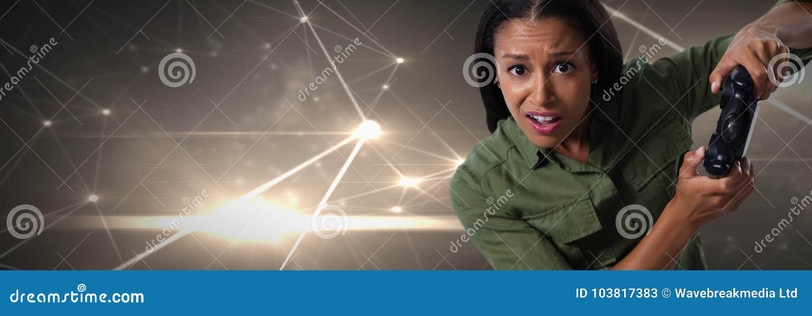 Woman Playing with Computer Game Controller with Light Connections on ...