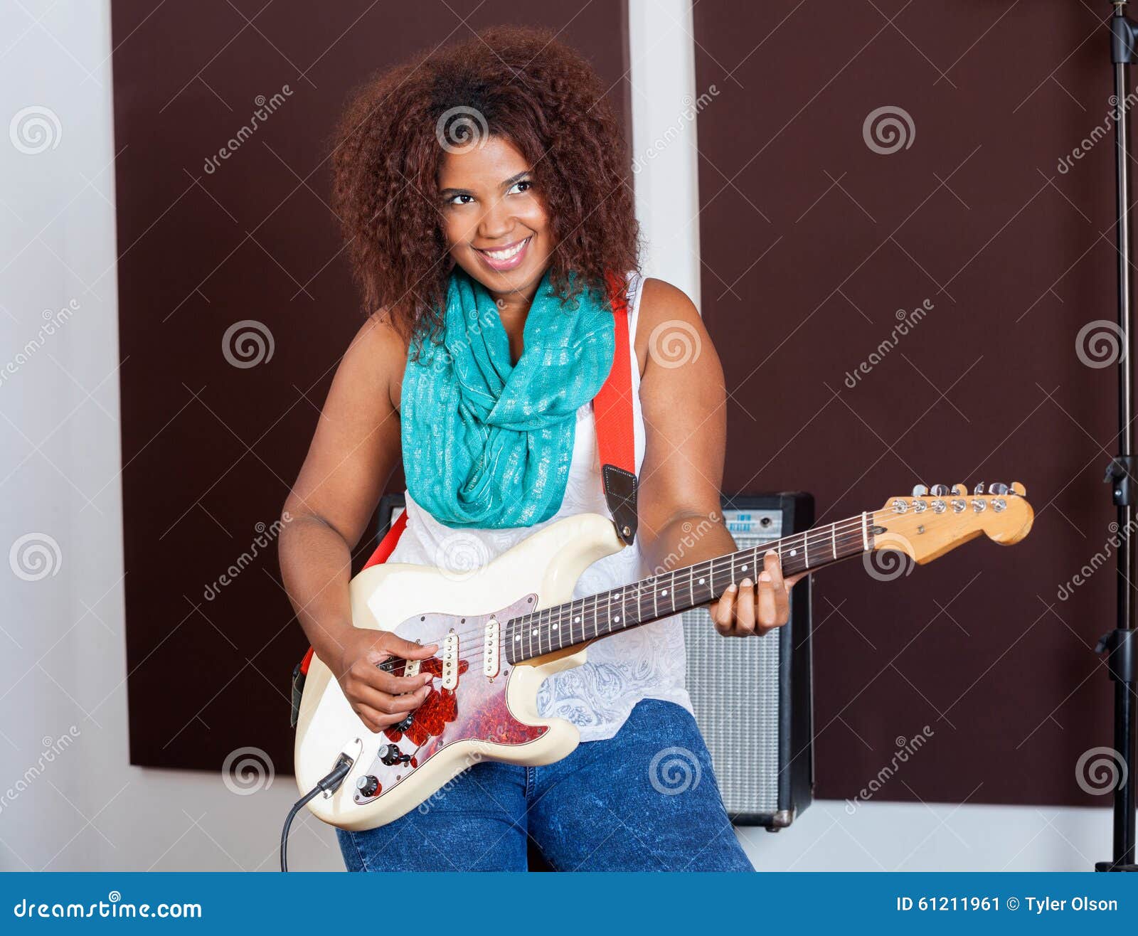 Woman Playing Guitar in Recording Studio Stock Image - Image of indie ...