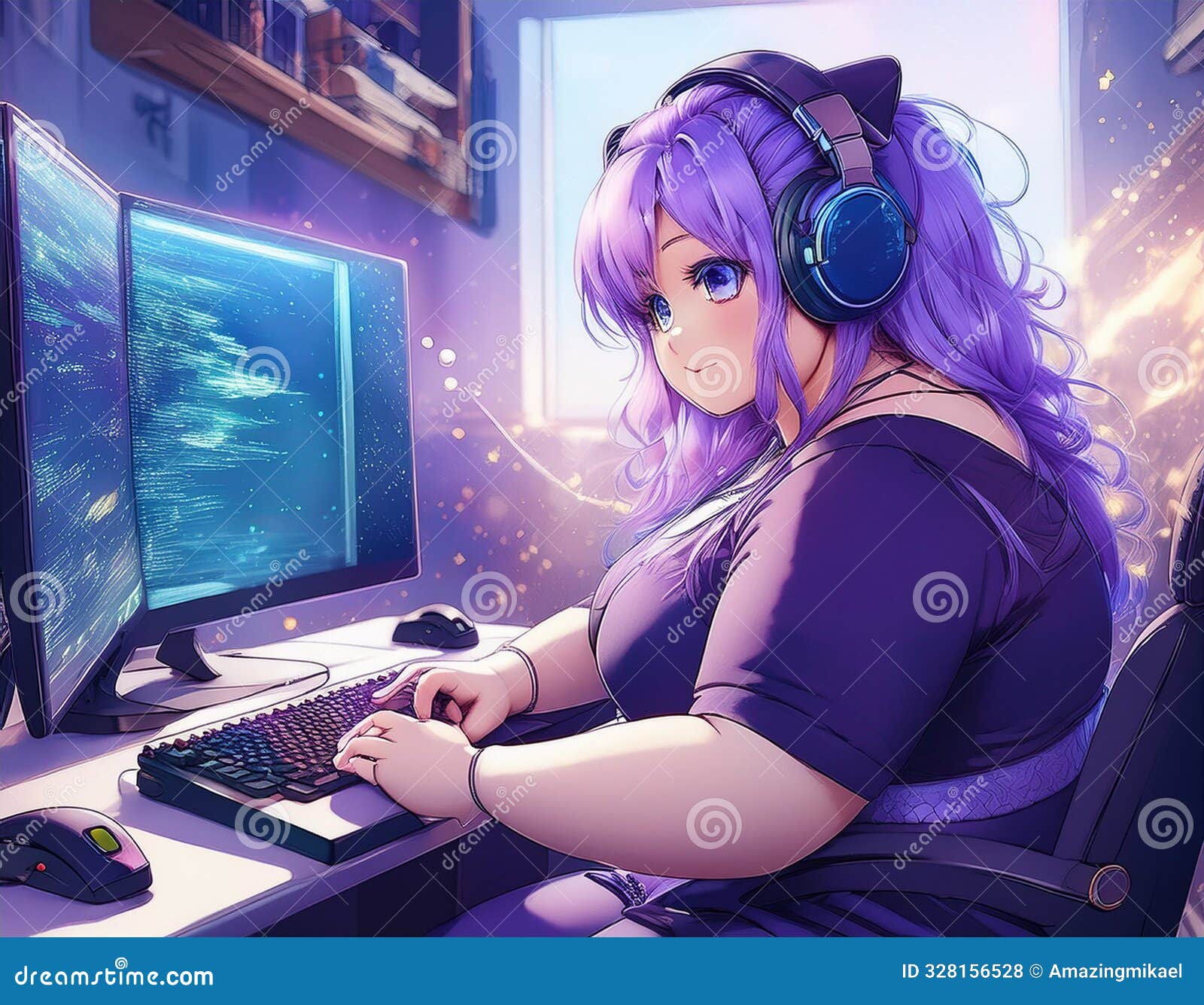 Woman Playing Video Games and Coding Software in Anime Style ...