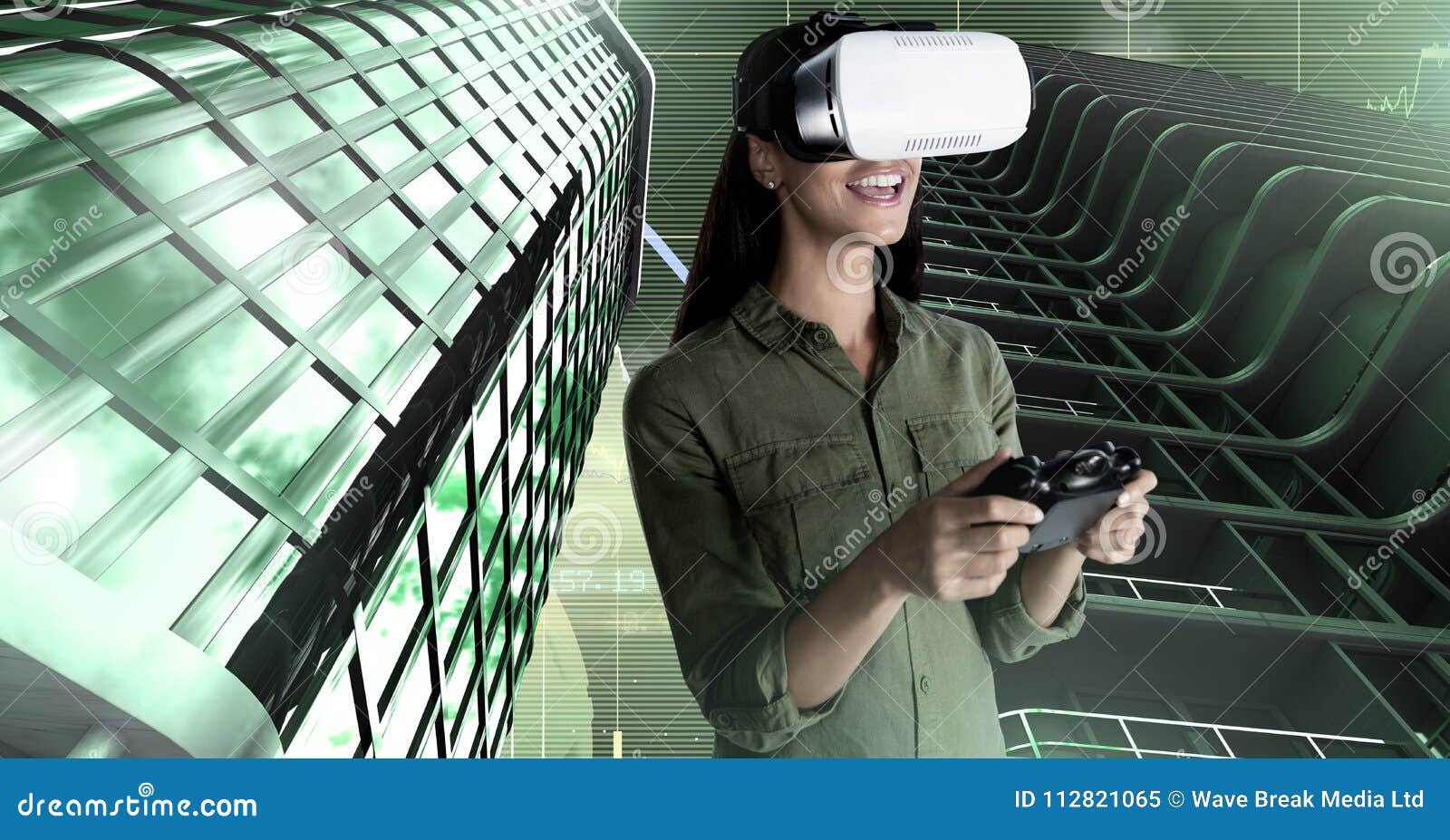 Woman Playing with Virtual Reality Headset and Tall Buildings with Grid ...