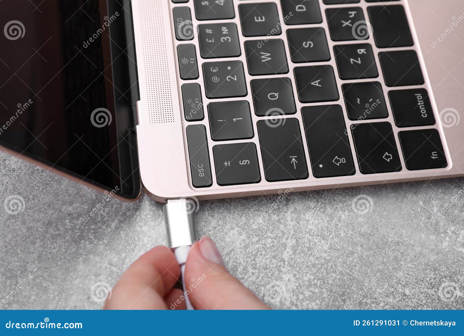 Woman Plugging USB Cable into Laptop Port at Grey Table, Closeup Stock ...