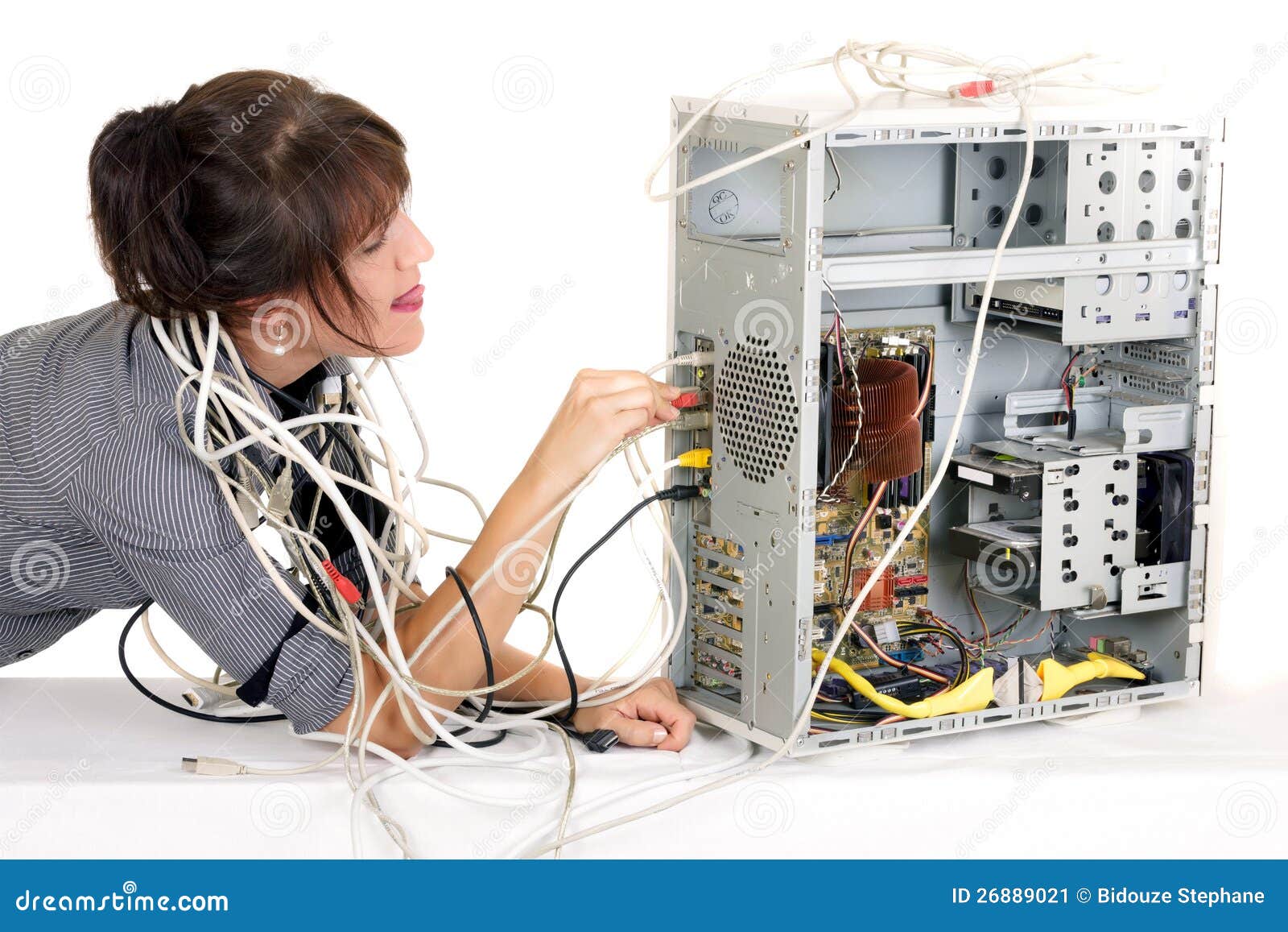 Woman pluging cable stock image. Image of hopeless, cable - 26889021