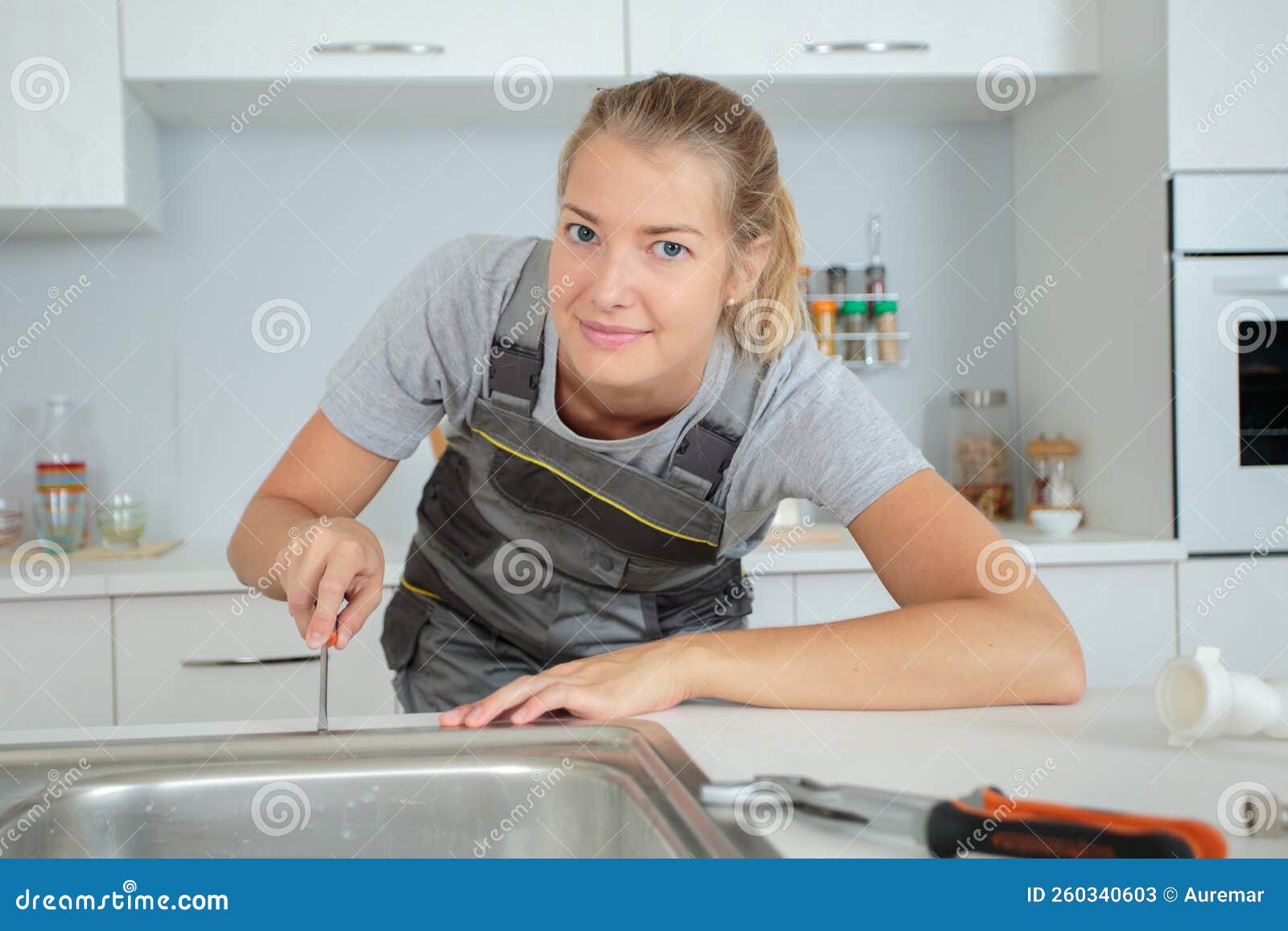 Woman plumber posing stock image. Image of posing, domestic - 260340603