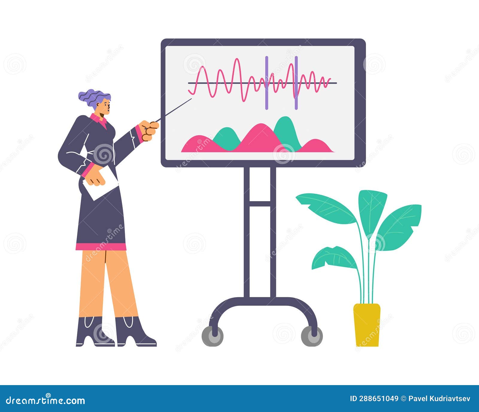 Woman with Pointer Presenting and Explaining Statistics, Diagrams on ...