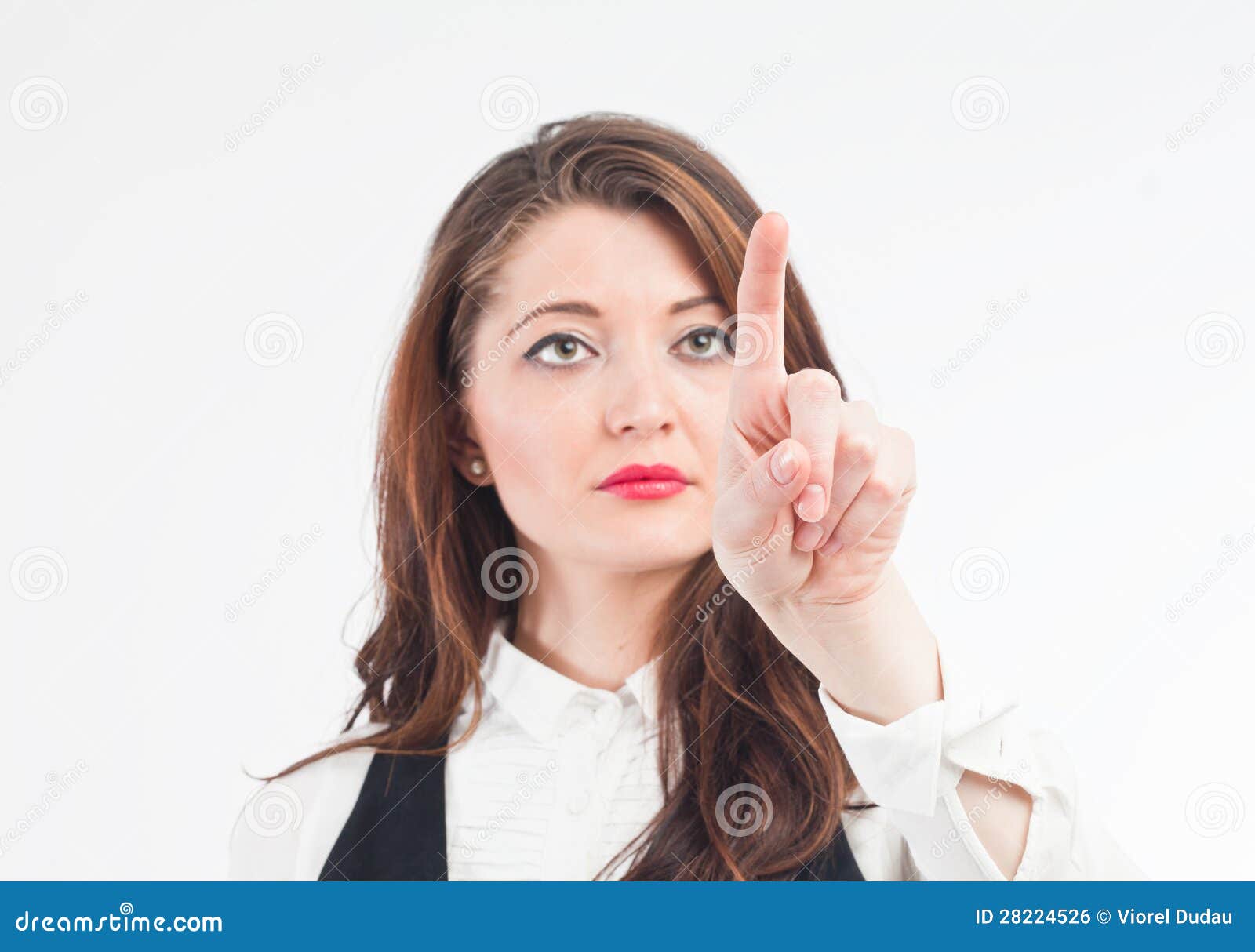 Woman pointing above stock photo. Image of white, waistcoat - 28224526