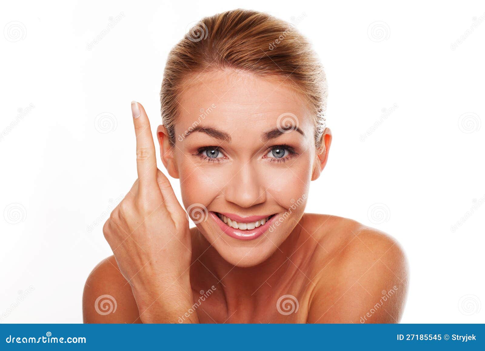 Woman Pointing Above Her Head Stock Image - Image of display, studio ...