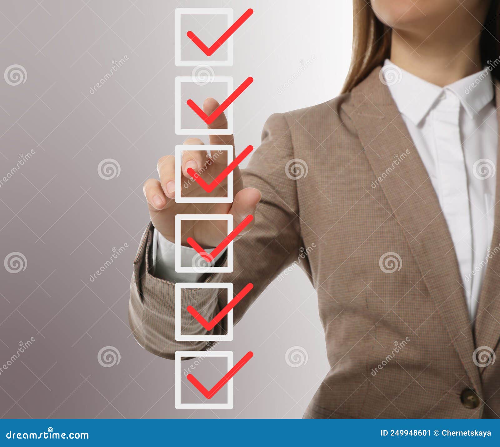 Woman Pointing at Check Boxes with Marks on Virtual Screen, Closeup ...