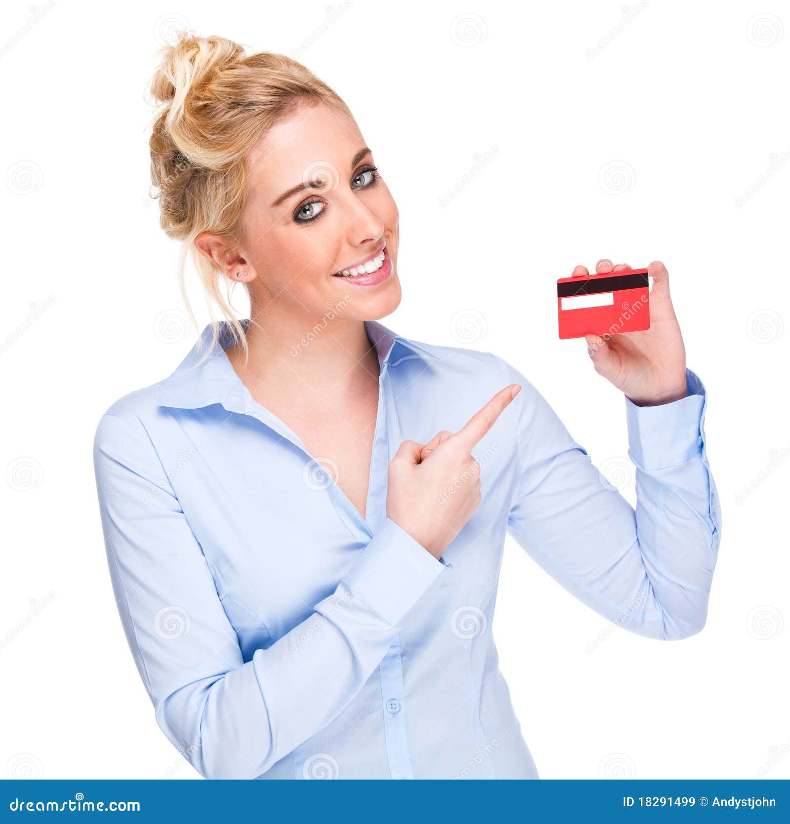 Woman Pointing at Credit or Membership Card Stock Image - Image of ...