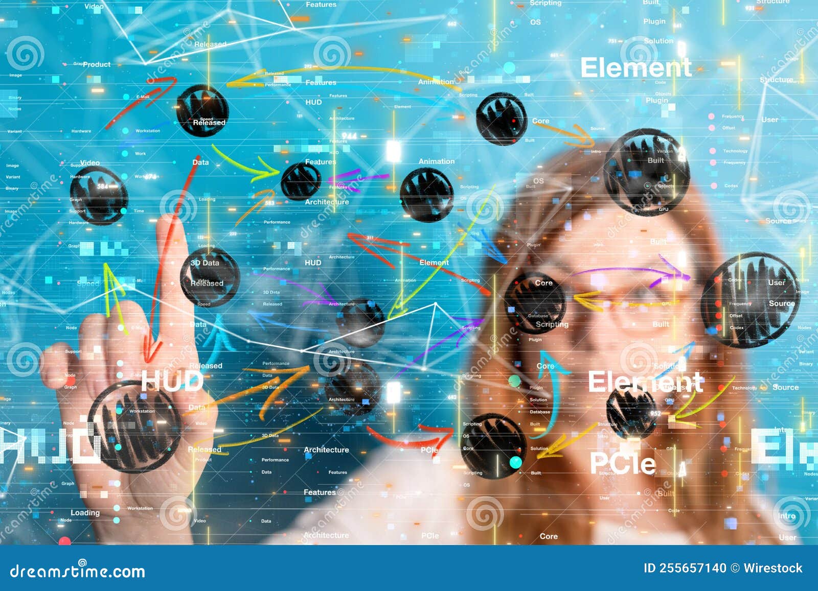 Woman Pointing at 3D Rendered Network Connection Dots and Lines Stock ...