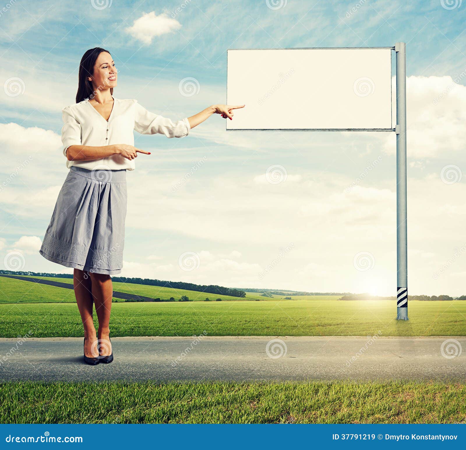 Woman Pointing at Empty White Billboard Stock Image - Image of cheerful ...