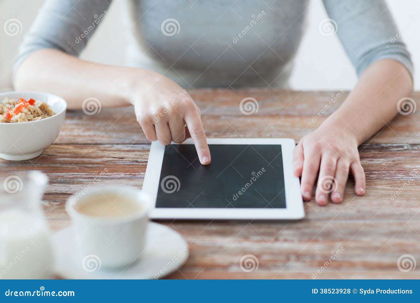 Woman Pointing Finger To Tablet Pc Computer Stock Photo - Image of ...