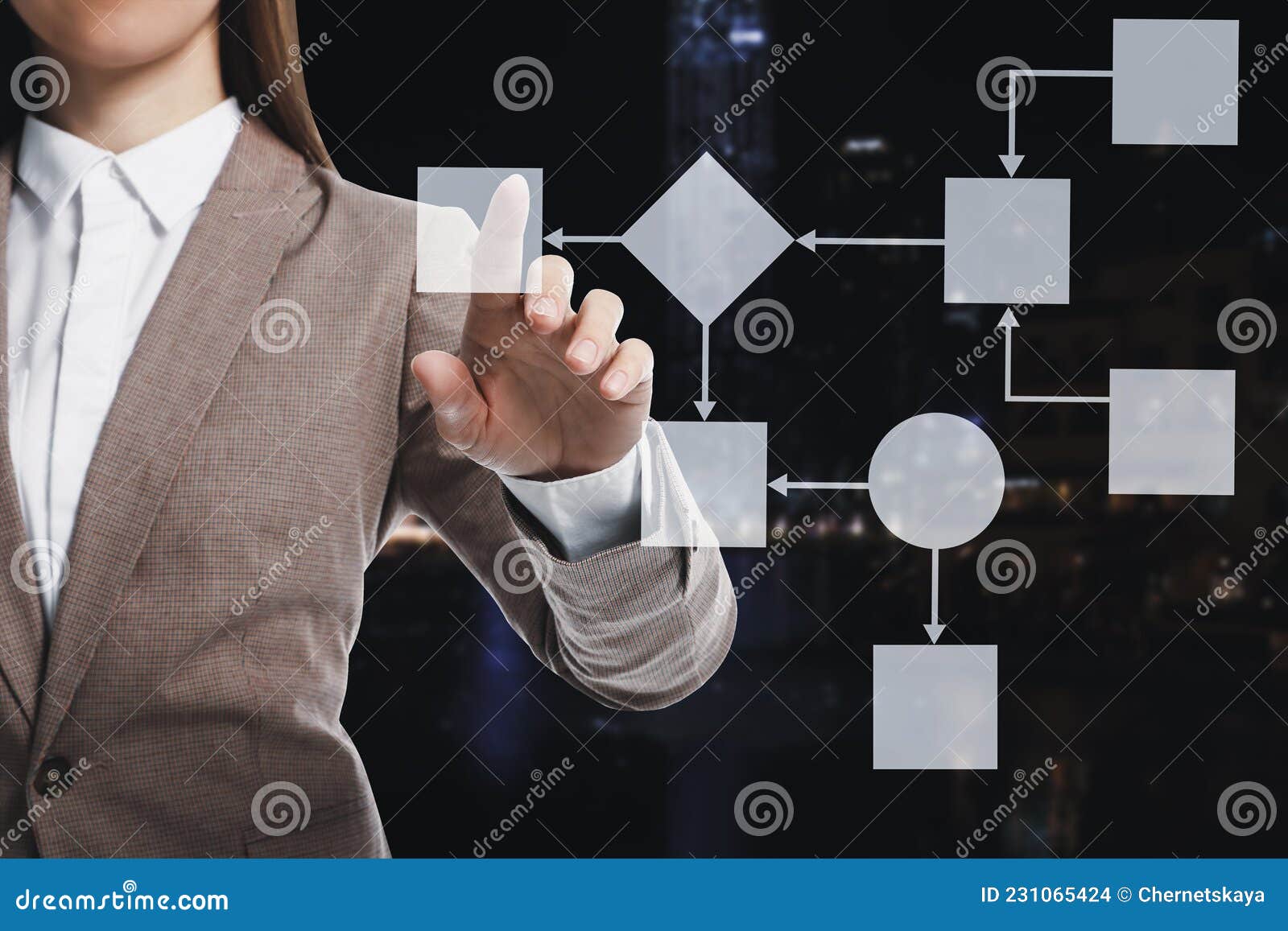 Man Pointing At Flowchart On Virtual Screen Against Dark Blue ...
