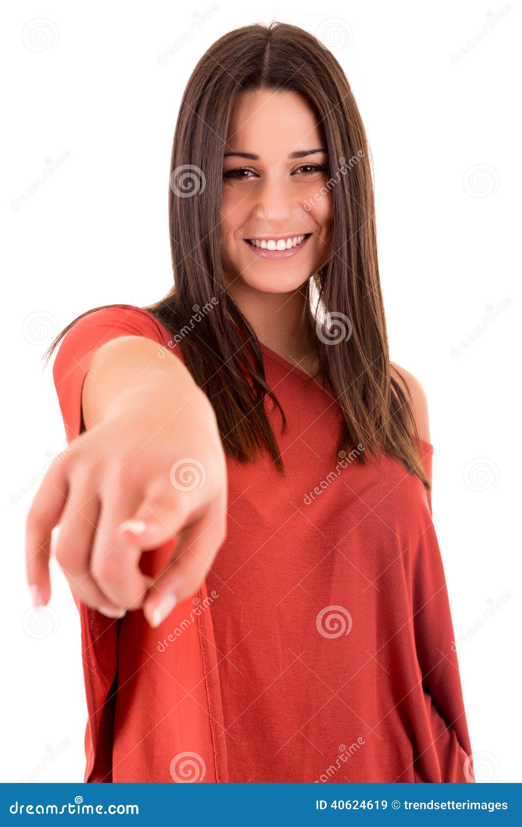 Woman pointing front stock image. Image of cheerful, front - 40624619