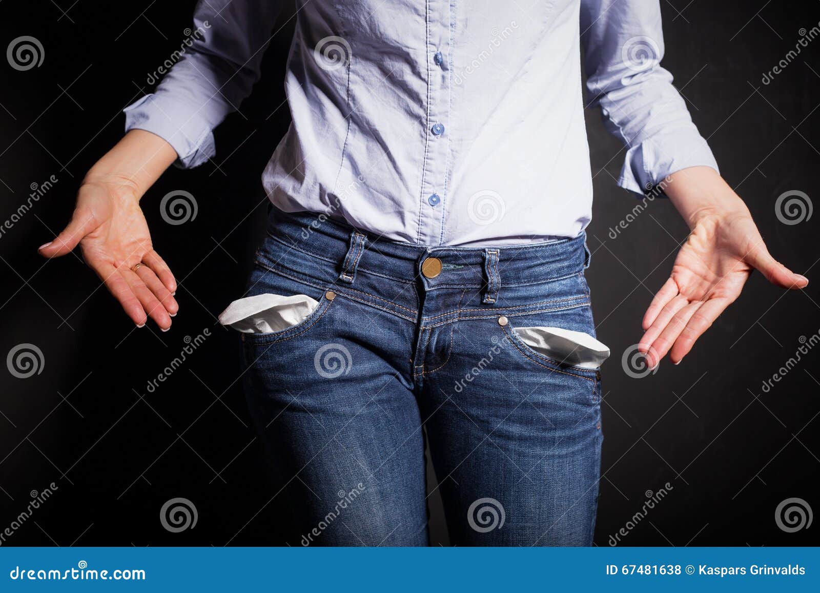 Woman Pointing at Her Pants Empty Pockets Stock Photo - Image of people ...