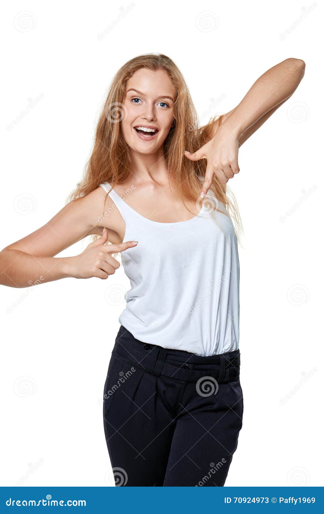 Woman pointing at herself stock image. Image of ecstatic - 70924973