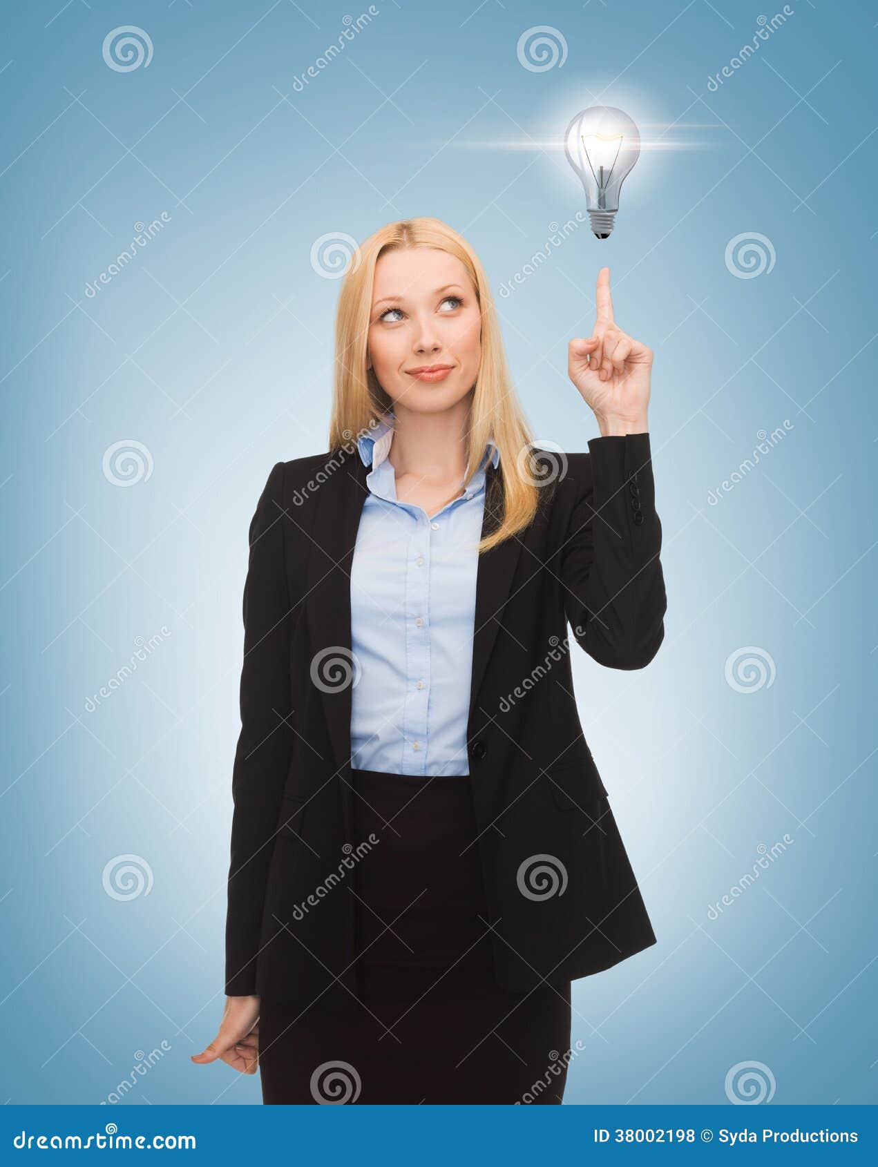 Woman Pointing at Light Bulb Stock Photo - Image of mind, electricity ...